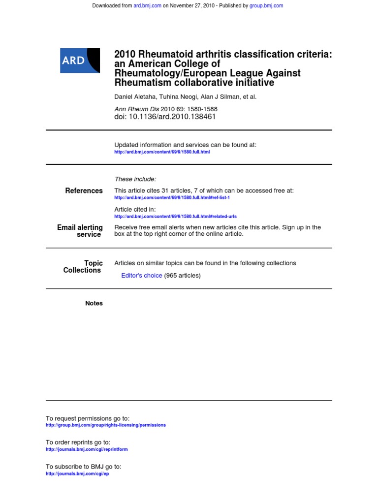 Criterios EULAR-ACR de AR 2010 PDF | PDF | Rheumatoid Arthritis | Arthritis