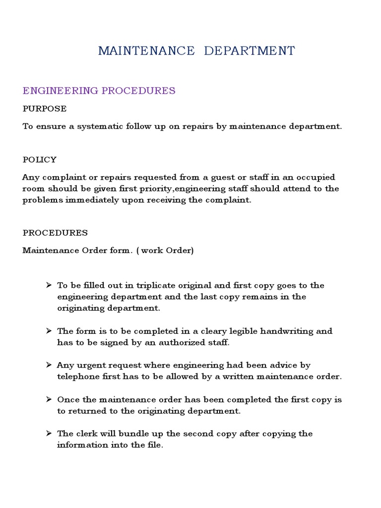 Sop For Maintenance Department | PDF | Housekeeping | Motor Oil