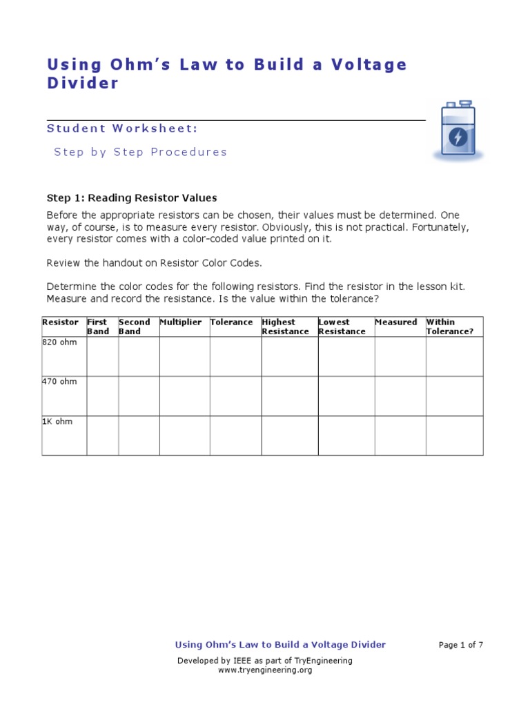 Using Ohm's Law To Build A Voltage Divider: Student Worksheet | PDF ...