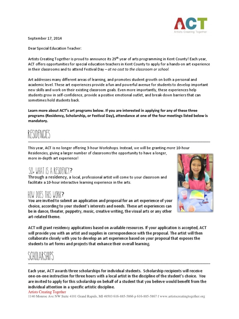 ACT Art Programs Invitation Letter | PDF | Special Education | Teachers