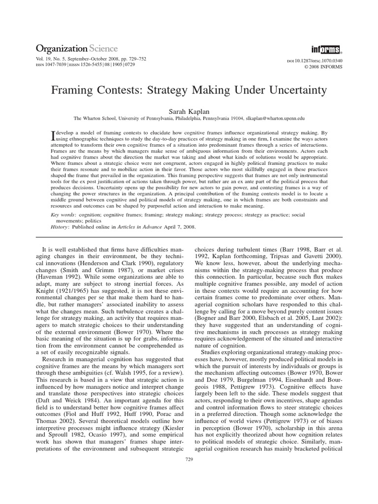 Framing Contests Strategy Making Under Uncertainty - Sarah Kaplan PDF ...