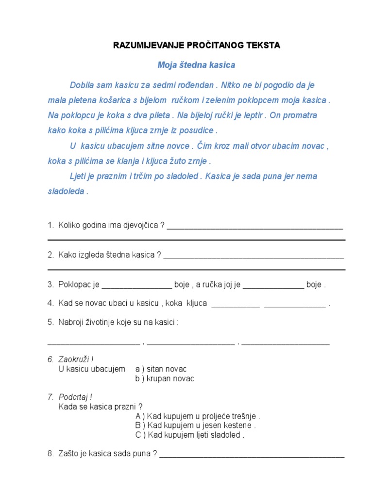 Razumijevanje Procitanog Teksta-MOJA STEDNA KASICA | PDF