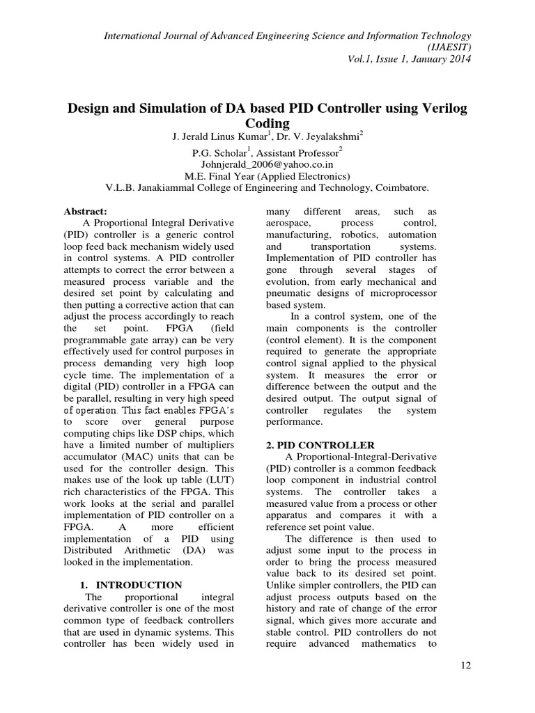 Design and Simulation of DA Based PID Controller Using Verilog Coding ...