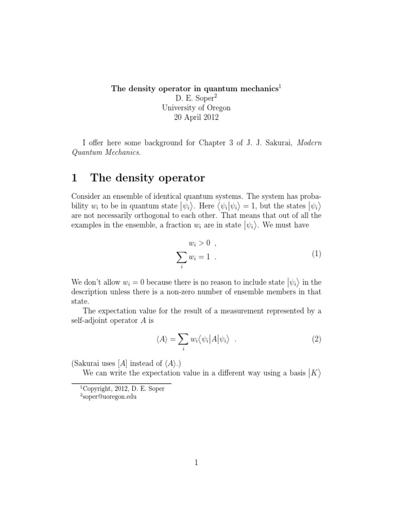 1 The Density Operator: Soper@uoregon - Edu | PDF | Epistemology Of ...