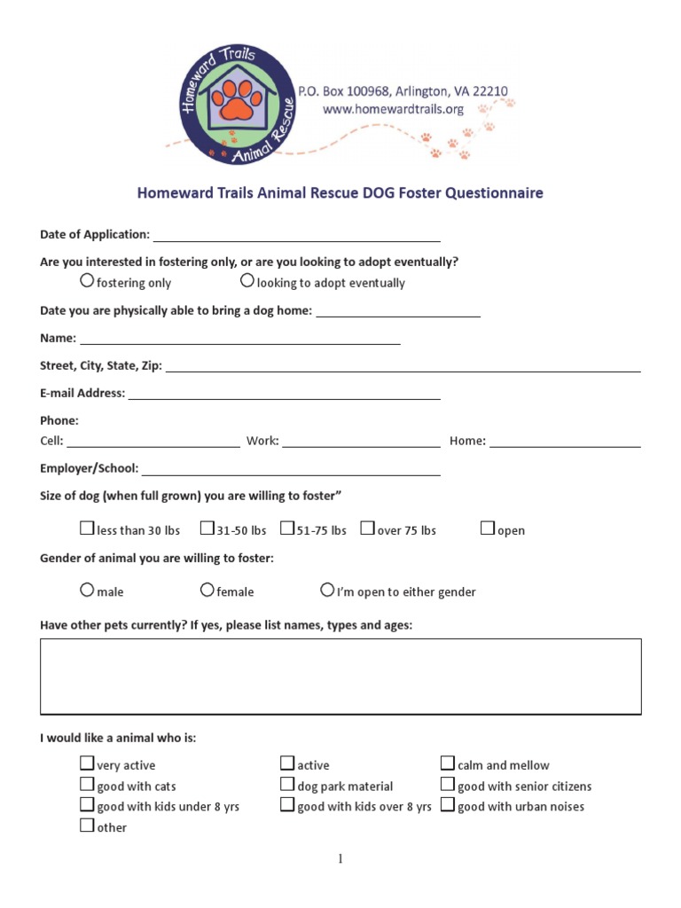 Dog Foster Application Questionnaire | PDF | Human–Animal Interaction ...