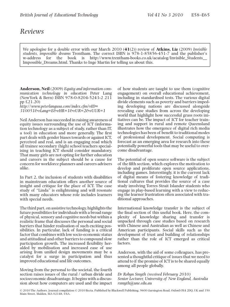 Reviews: British Journal of Educational Technology Vol 41 No 3 2010 ...