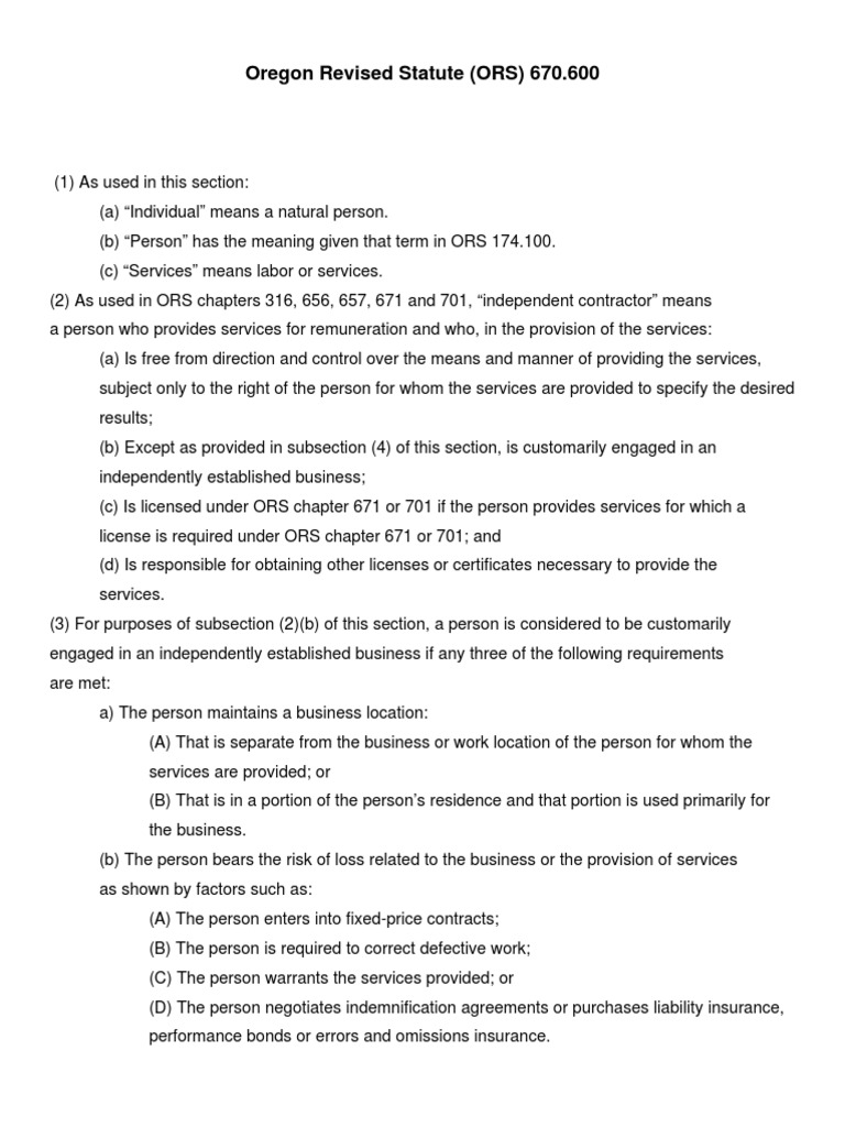 Oregon Revised Statute Defines Independent Contractor | PDF ...