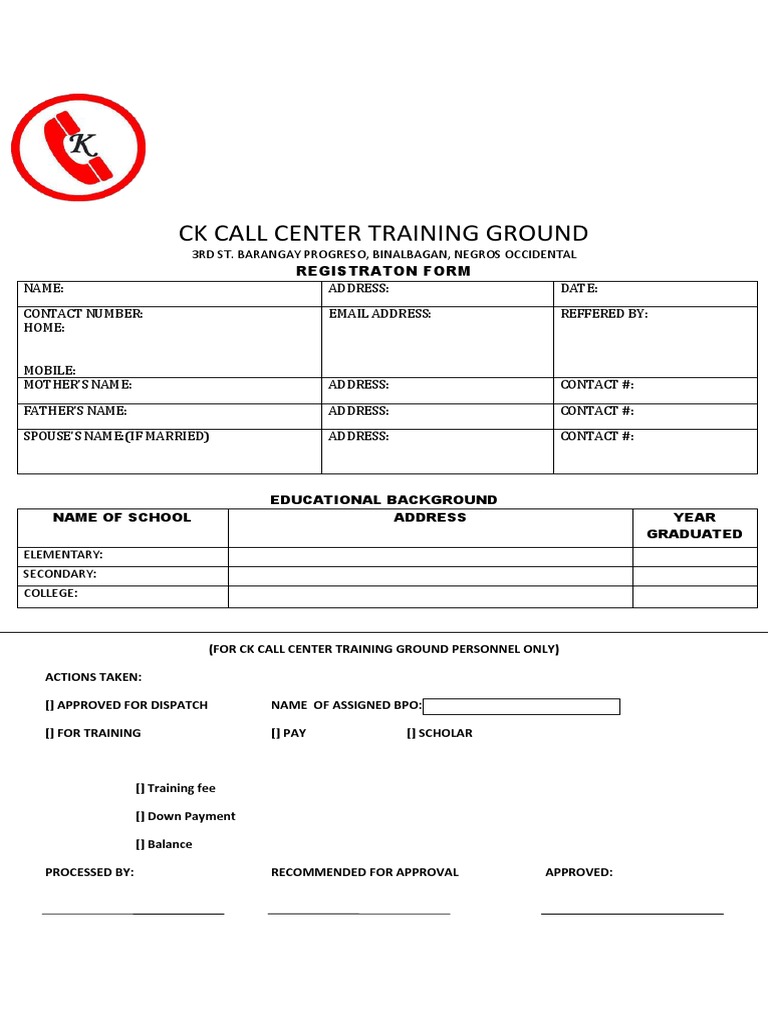 CK Call Center Training Registration Form | PDF