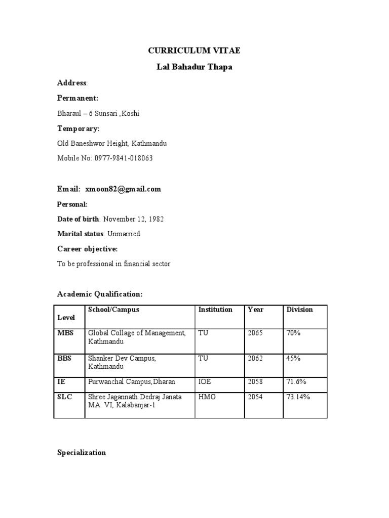 Curriculum Vitae Lal Bahadur Thapa | PDF