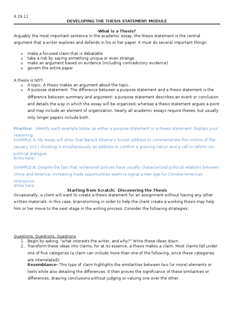 Developing The Thesis Statement Module 41911 2doc | PDF | Thesis | Essays