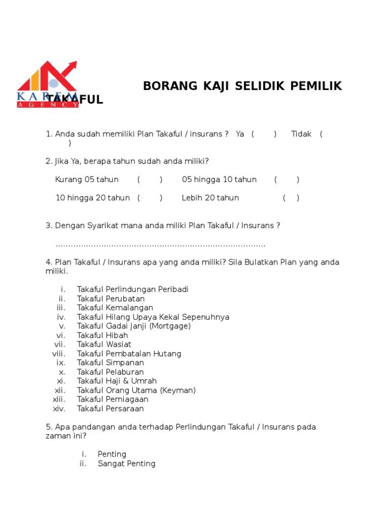Borang Kaji Selidik Pemilik Takaful | PDF
