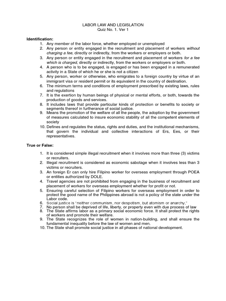 Labor Law Quiz | PDF | Employment | Social Justice