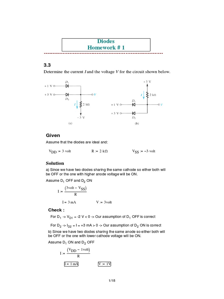 Diodes Homework # 1: Determine The Current I and The Voltage V For The Circuit Shown Below | PDF ...