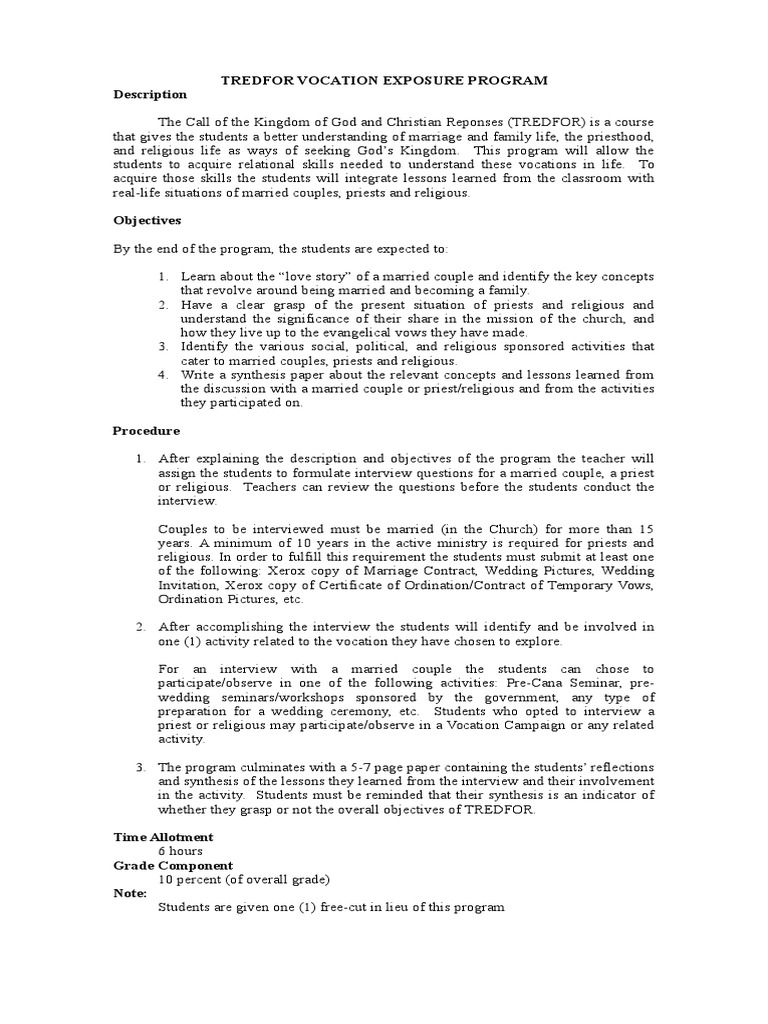 TRED4 Vocation Exposure Program | PDF | Priest | Behavior Modification