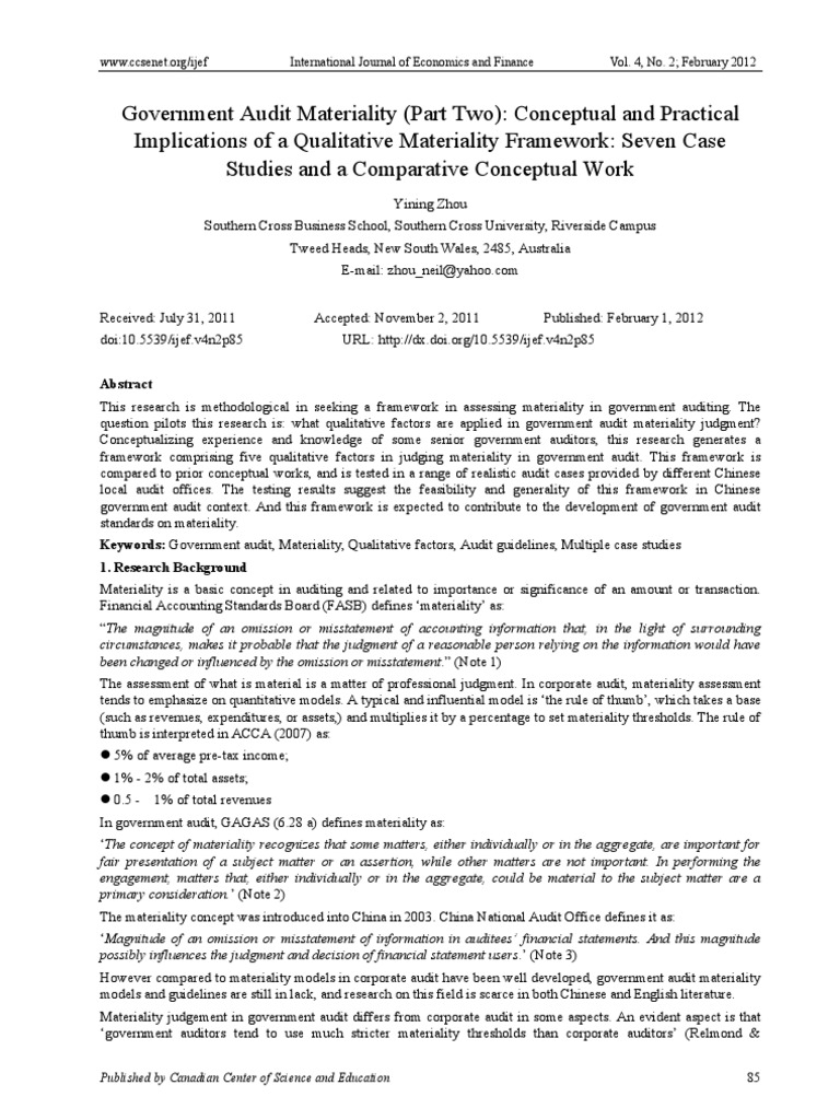 Government Audit Materiality Conceptual and Practical Implications of A Qualitative Materiality ...