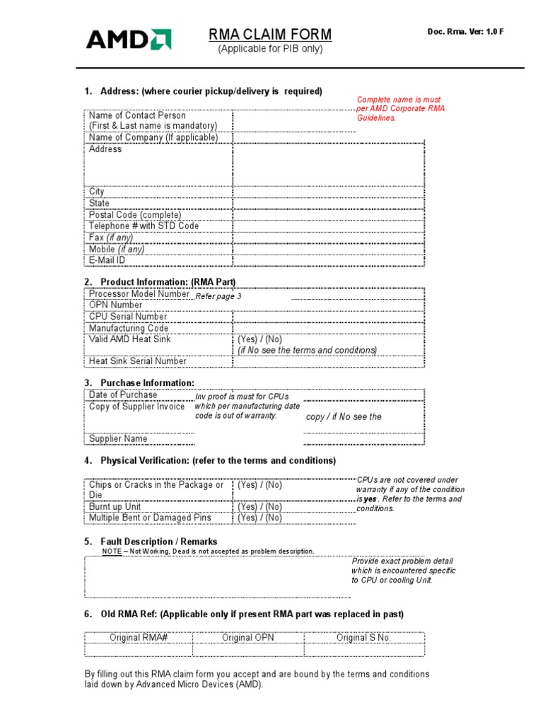 AMD RMA Claim Form Instructions | PDF | Digital Electronics | Public ...