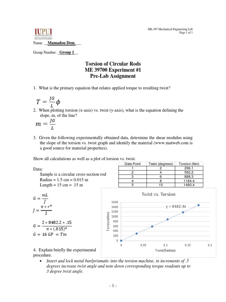 Torsion of Circular Rods ME 39700 Experiment #1 Pre-Lab Assignment | PDF