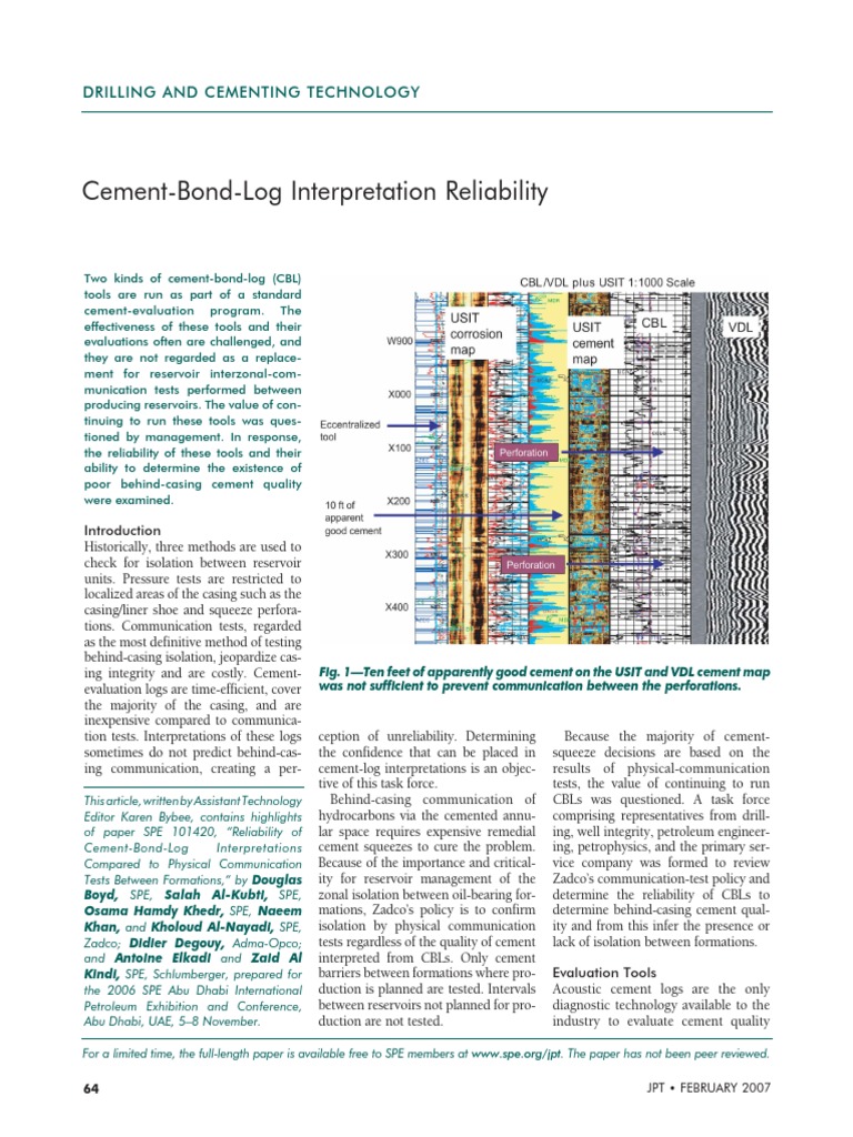 Cement-Bond-Log Interpretation Reliability - JPT 2007 | PDF ...