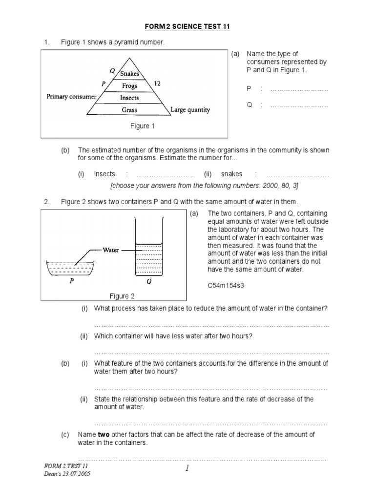 Form 2 Science Test 11: (Choose Your Answers From The Following Numbers ...