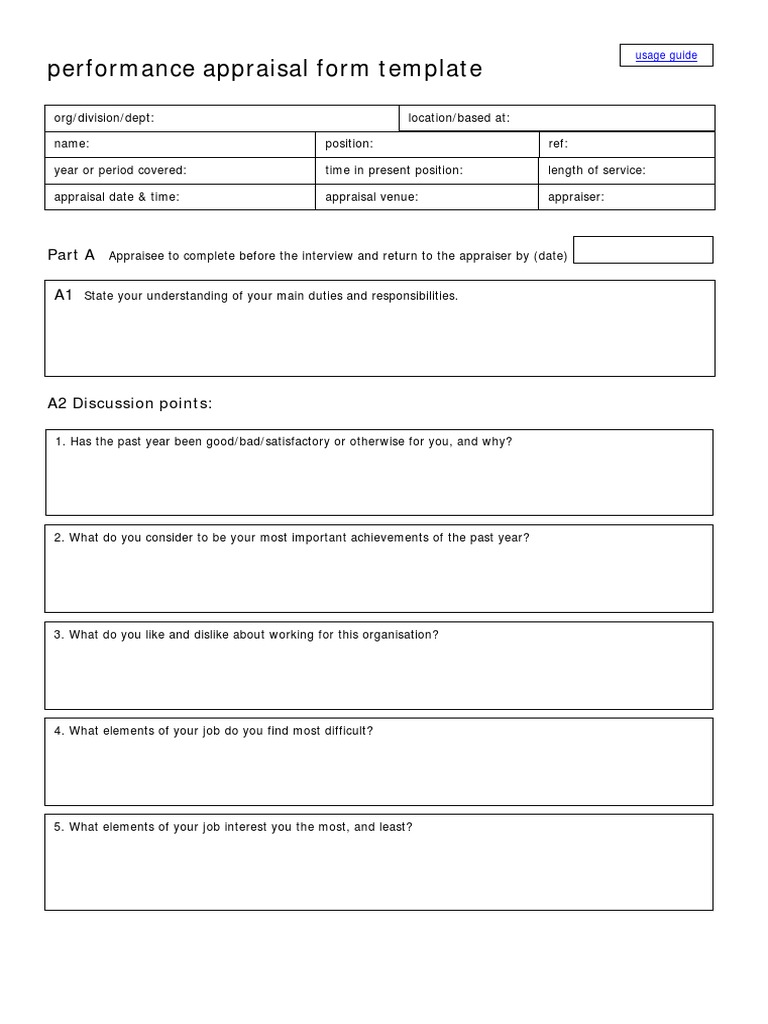 Performance Appraisal Form Template: Part A A1 | PDF | Performance ...