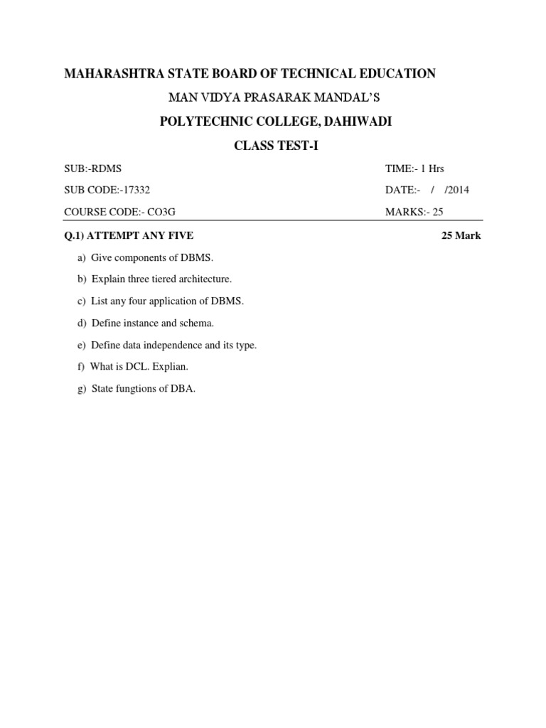 RDMS Class Test Questions for Students | PDF | Art | Computers