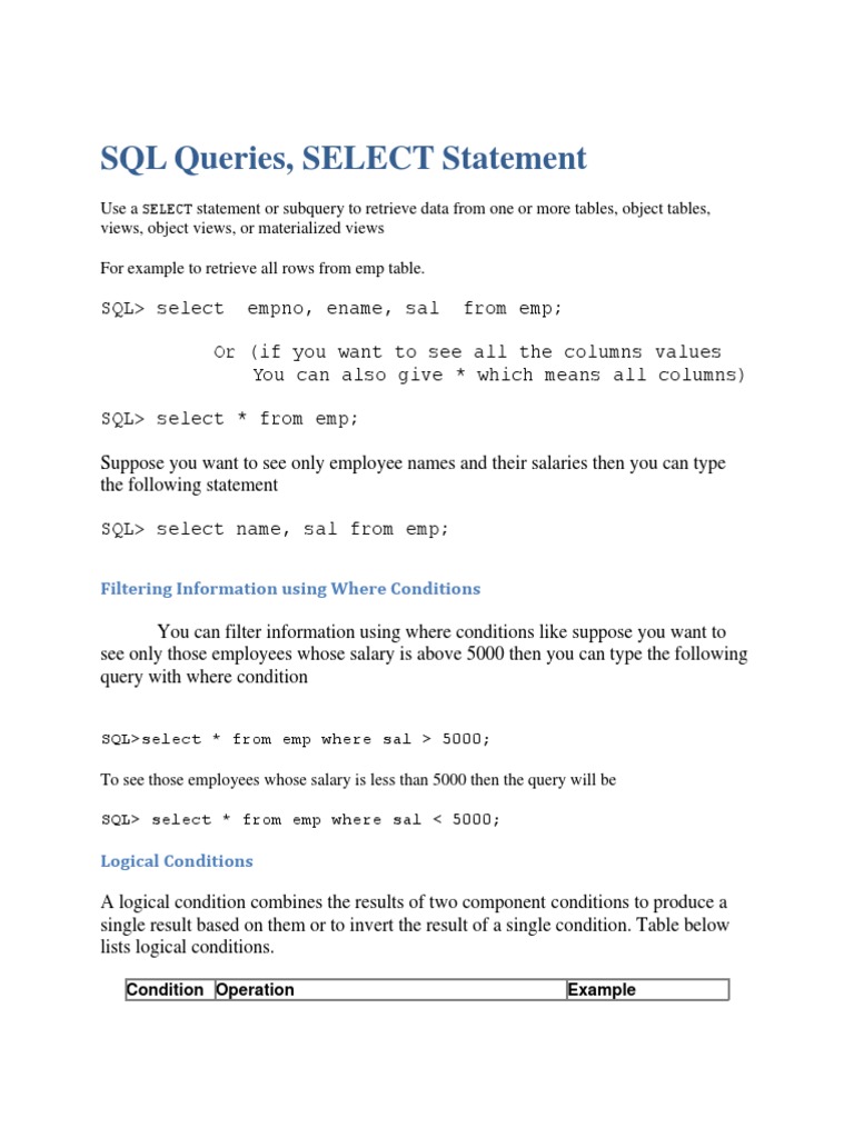 SQL Queries Select Statement | PDF | Information Retrieval | Computer Programming