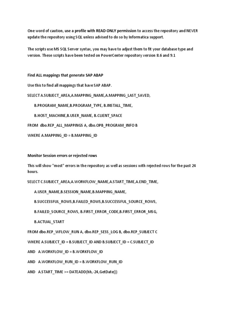 Useful Repository Queries in Informatica | PDF | Data Management | Computer Programming