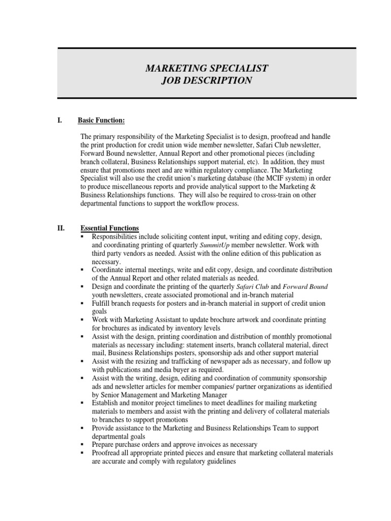Marketing Specialist JOB Description: I. Basic Function | PDF ...