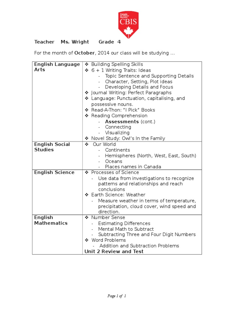 Grade 4 October Curriculum Overview | PDF