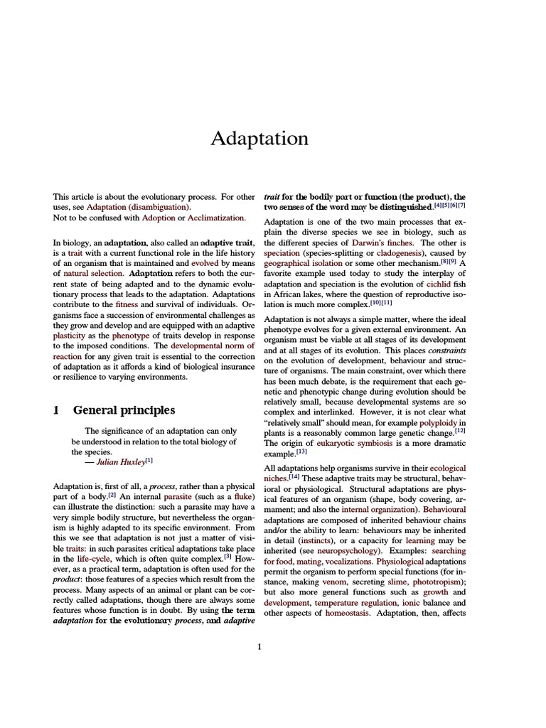Adaptation: 1 General Principles | PDF | Adaptation | Biological Concepts