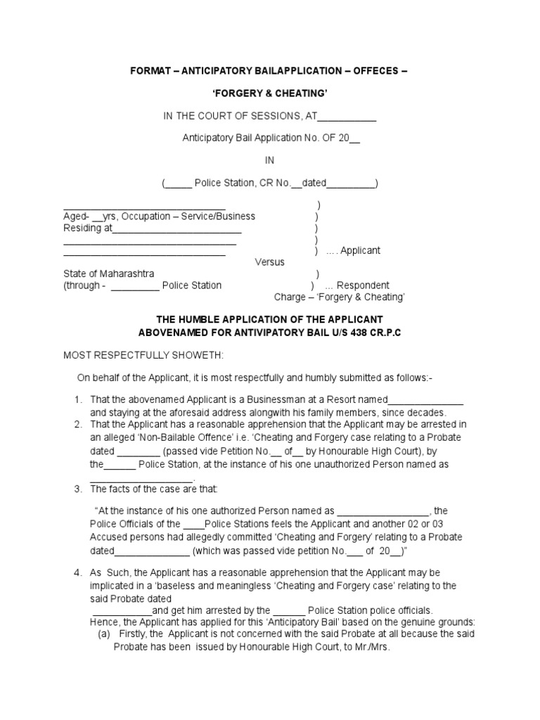 Format - Anticipatory Bail Application Offence Forgery Chetaing | Bail ...