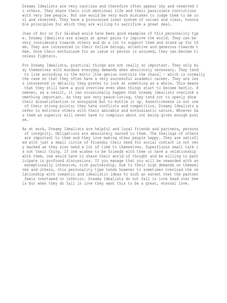 Dreamy Idealist - Personality Description | PDF | Psychological Concepts | Psychology