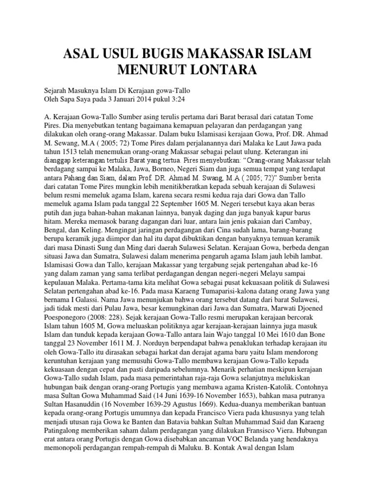 Asal Usul Bugis Makassar Islam Menurut Lontara | PDF