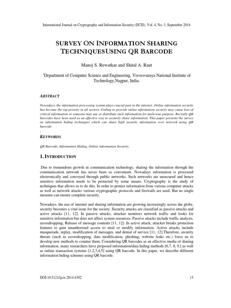 Survey On Information Sharing Techniquesusing QR Barcode | PDF | Qr Code | Key (Cryptography)