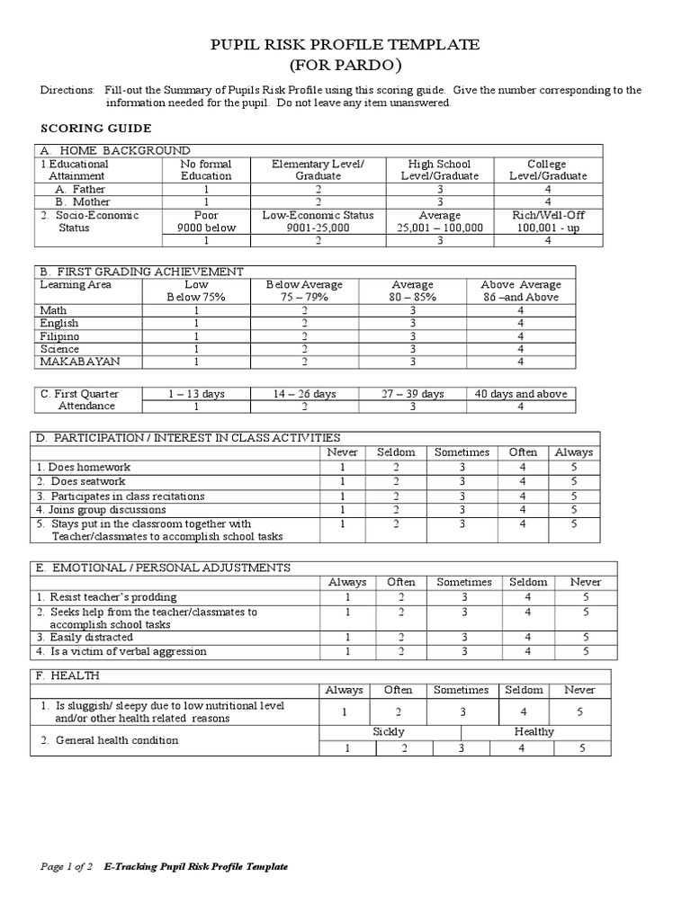 Pupil Risk Profile Assessment Template | PDF | Wellness | Technology ...
