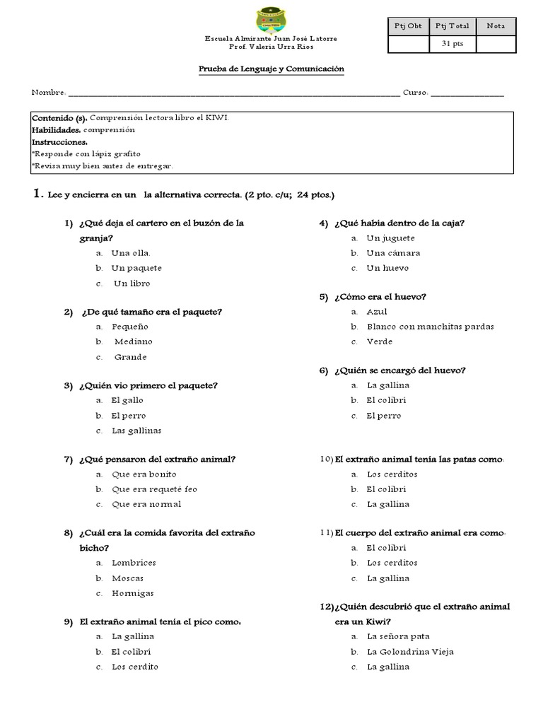 Prueba Libro El Kiwi | PDF