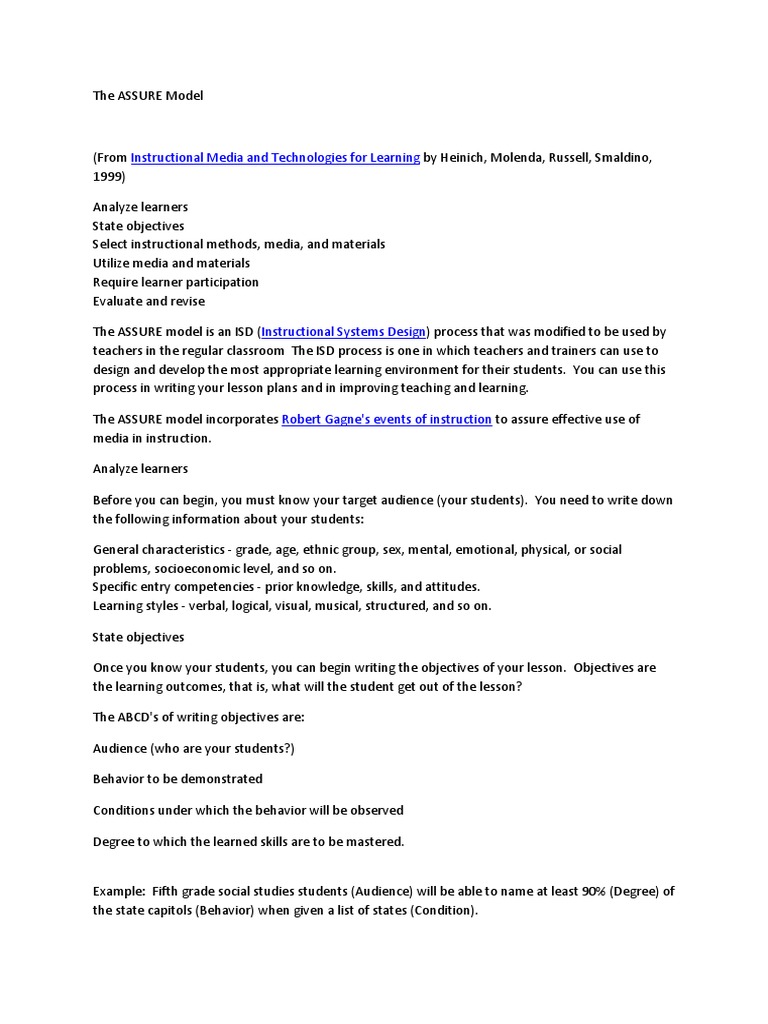 The Assure Model | Instructional Design | Lesson Plan