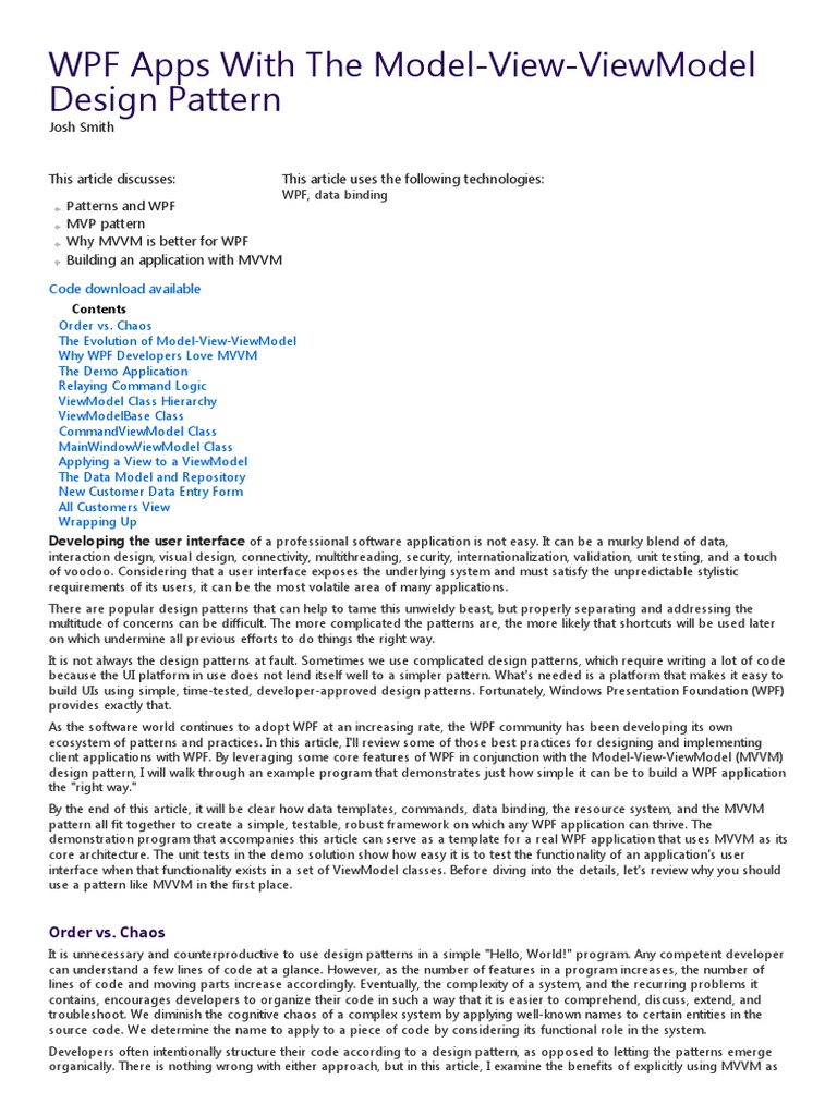The Model View Viewmodel Mvvm Design Pattern For Wpf Pdf Windows Presentation Foundation 1822