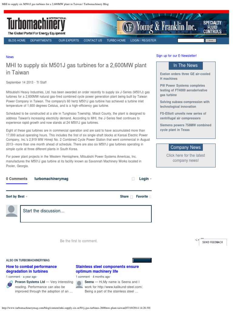 MHI To Supply Six M501J Gas Turbines For A 2,600MW Plant in Taiwan ...