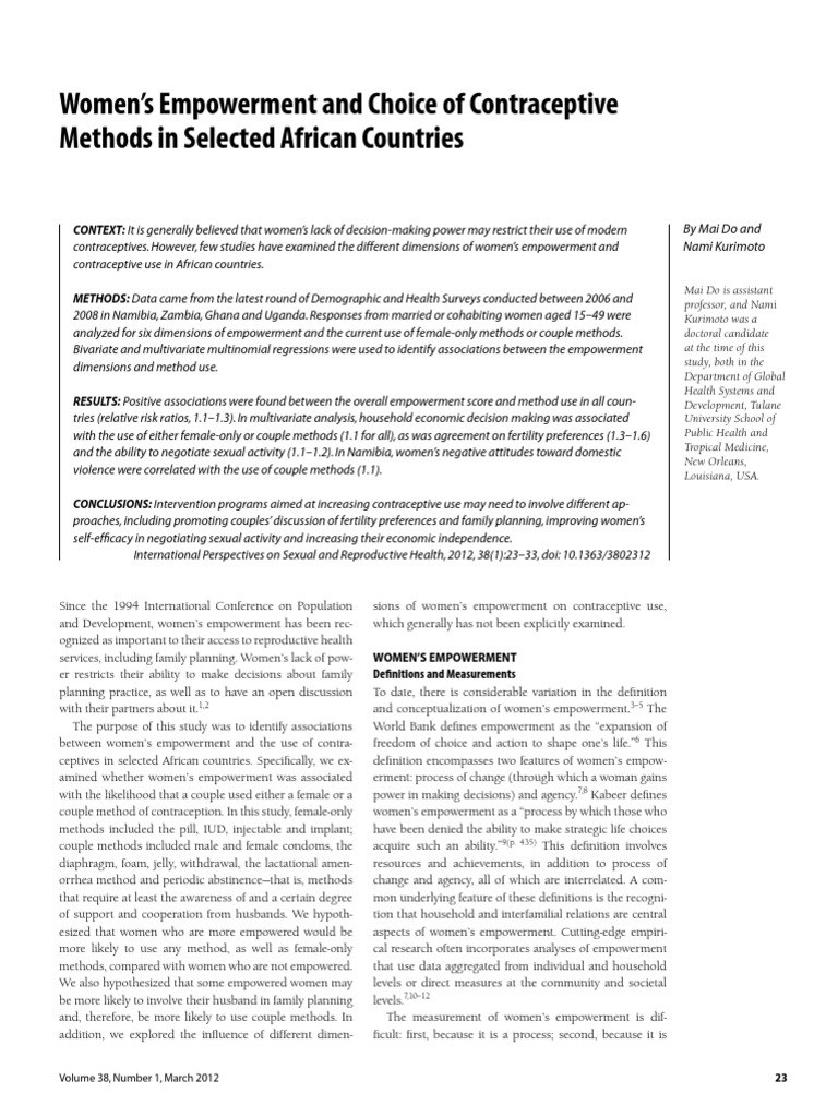 Women's Empowerment and Choice of Contraceptive Methods in Selected ...