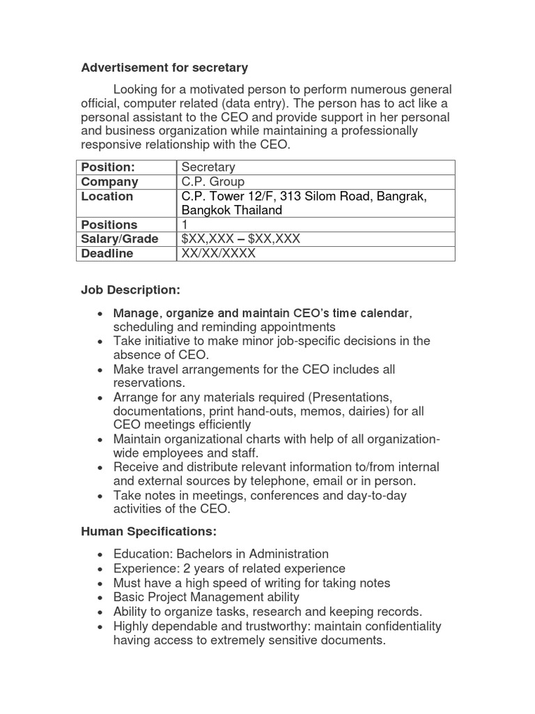 Advertisement For Secretary | PDF