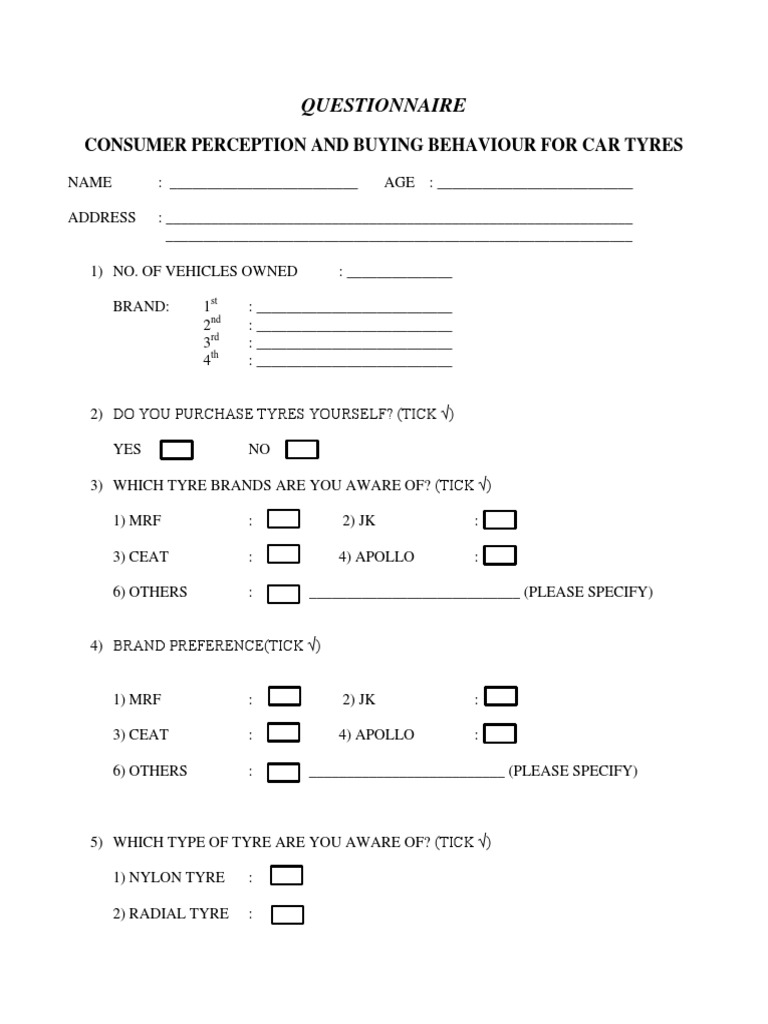 Questionnaire: Consumer Perception and Buying Behaviour For Car Tyres ...