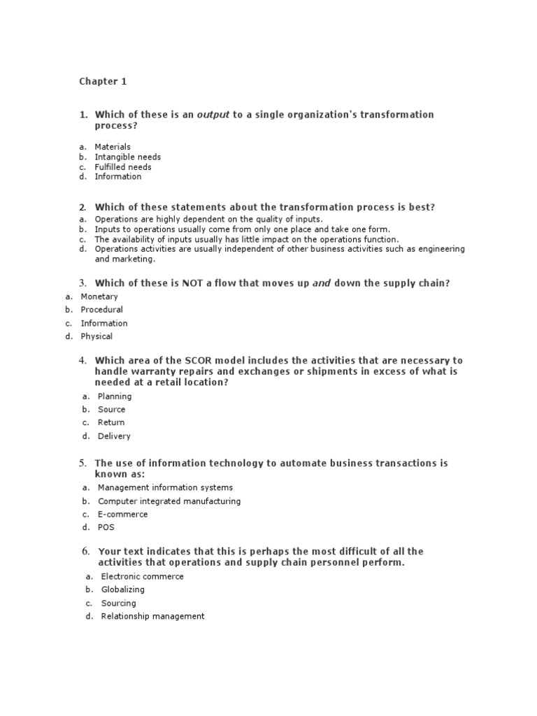 MCQs of OSCM Ch. 1, Operations | Download Free PDF | Supply Chain | Lean Manufacturing
