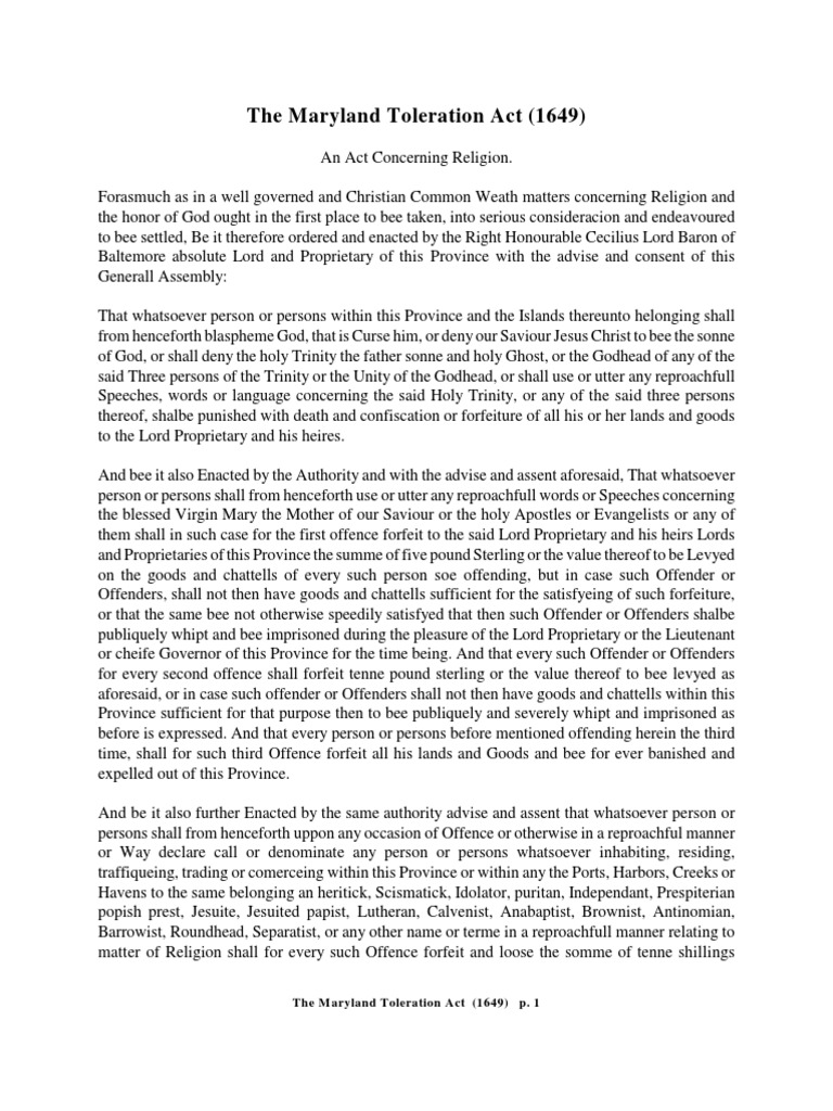 S4-The Maryland Toleration Act 1649 An Act Concerning Religion | PDF ...