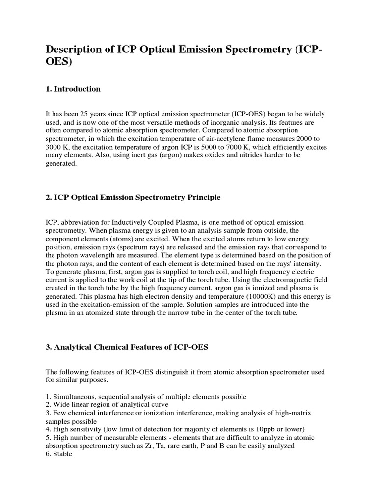 Description of ICP Optical Emission Spectrometry | PDF | Emission ...