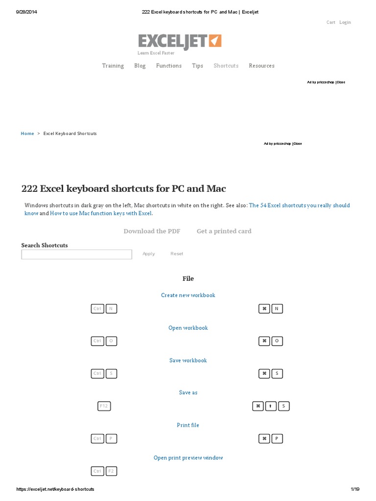 222 Excel Keyboard Shortcuts For PC and Mac - Exceljet | PDF | Control Key | Microsoft Excel