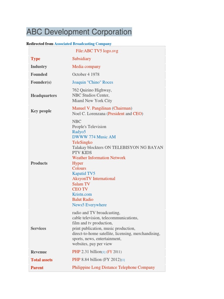 ABC Development Corporation Articles | PDF | Media Formats | Entertainment