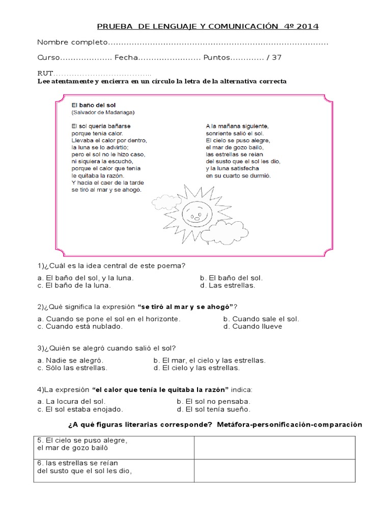 Prueba de Lenguaje 4º 2014 | PDF | Poética | Forma poética