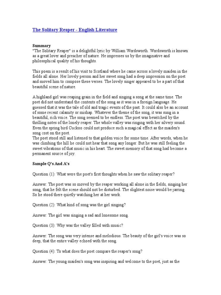 The Solitary Reaper XZ | PDF | Singing | Poetry