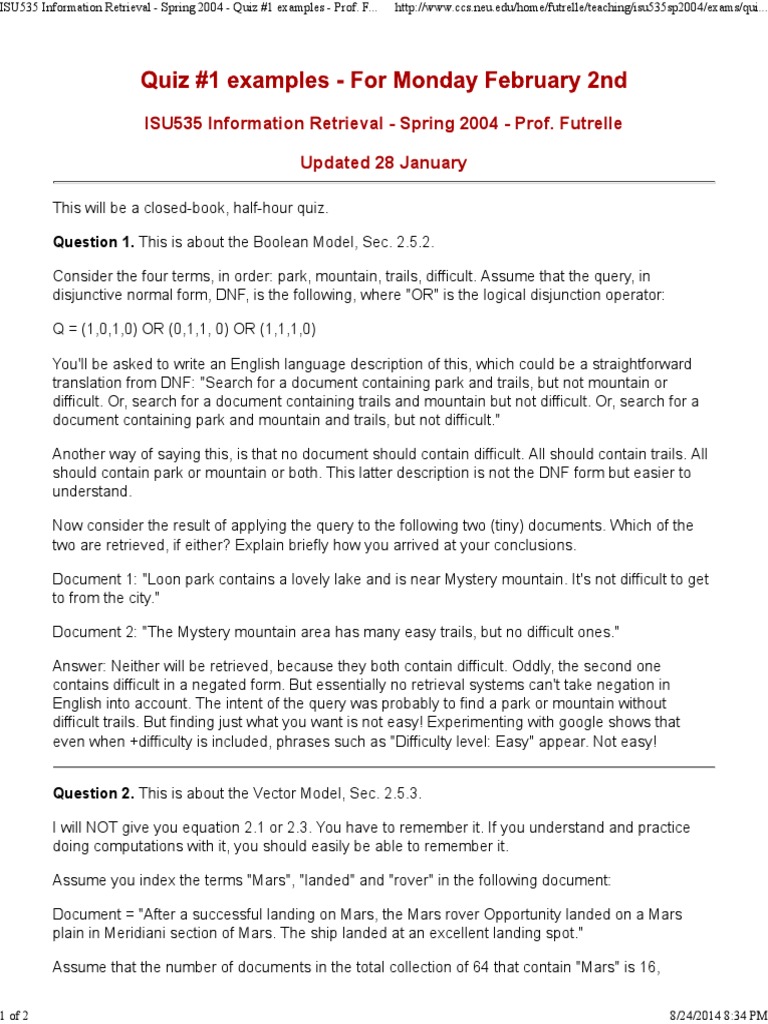 Boolean and Vector Model Quiz: Analyzing Document Retrieval Using TF ...